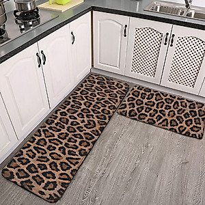 YouTary Cool Cheetah Leopard Pattern Kitchen Rug Set 2 PCS Floor Mats Washable Non-Slip Soft Flannel Runner Rug Doormat Carpet for Kitchen Bathroom Laundry