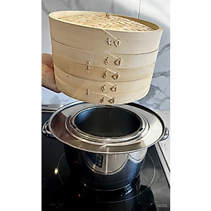 Chok Dee Goods Bamboo Steamer Premium Set, Stainless Steel Cooking Ring Included, 1 10" 2 Tier Basket, 1 Stainless Steel Cooking Ring, 4 Sets of Chopsticks, 4 Reusable Silicone Liners, 2 Sauce Dishes