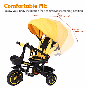 Lamgool Toddler Tricycles 4 in 1 Stroll Trike with Push Handle Removable Canopy Detachable Guardrail Retractable Foot Plate Safety Harness Storage Stroller Kids Tricycle for 12Months to 5 Years Yellow