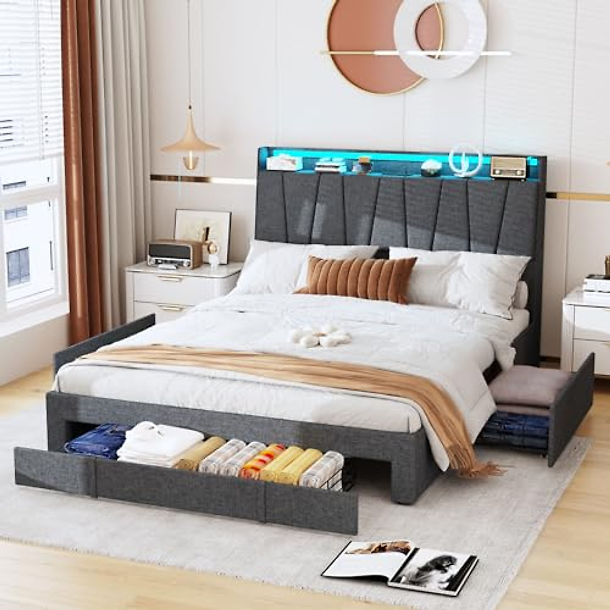 LED Queen Size Bed Frame with Storage Headboard and Charging Station,Upholstered Platform Bed with 3 Storage Drawers,Queen Bed Frame with LED Lights,No Box Spring,Noise-Free,Charcoal Gray
