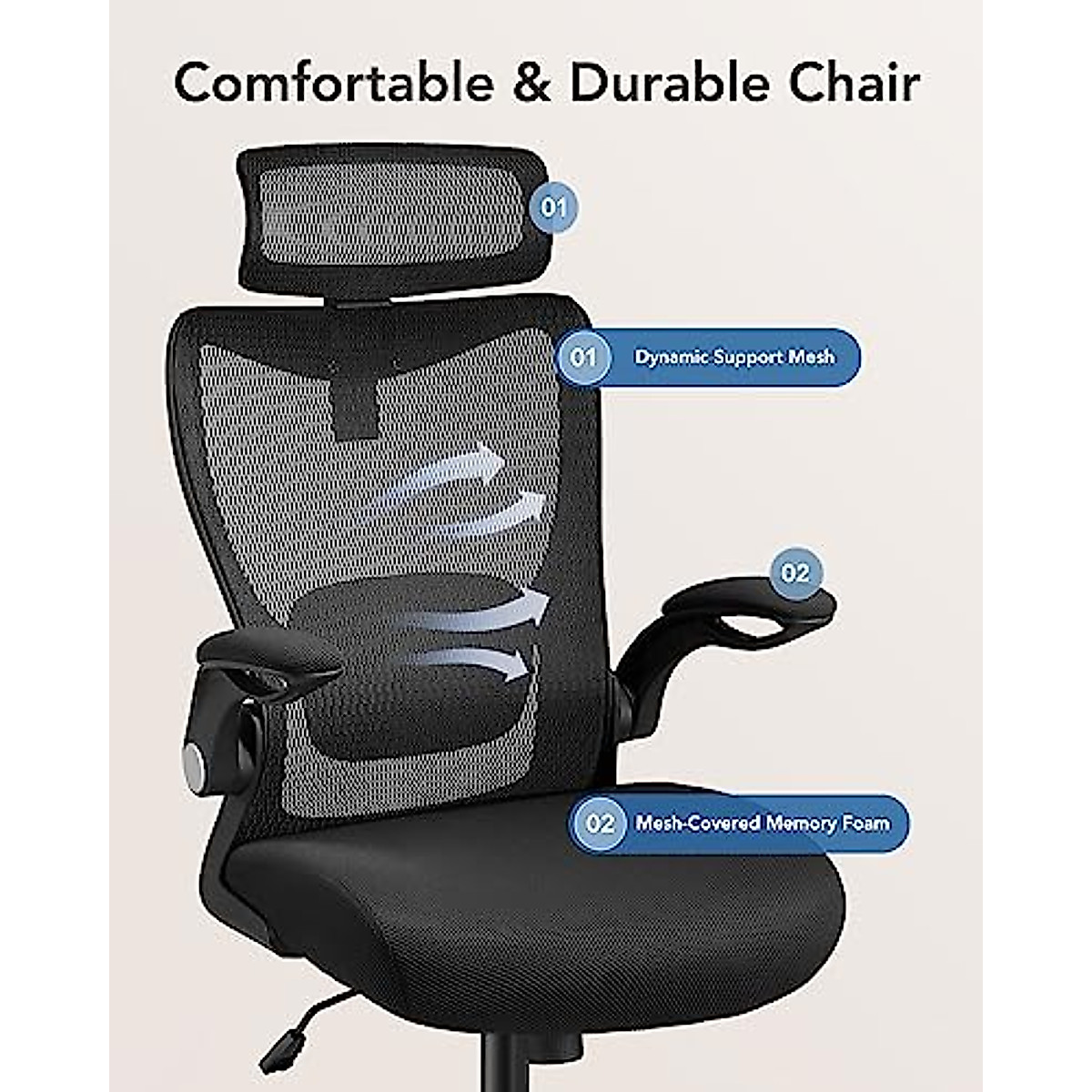 HUANUO Ergonomic Mesh Office Chair, High Back Desk Chair with Adjustable Lumbar Support & Headrest, Flip-Up Armrests, and Adjustable Height, Home Computer Chair with Tilt Lock Function