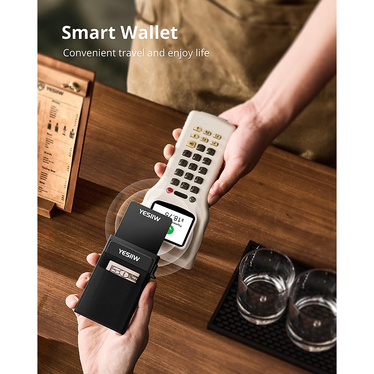 YESIIW Ultra-slim Wallet for Men - Pop up Card Holder Mens Wallet with RFID Protection Minimalist Metal Wallets Billeteras de Hombres Gifts for Men Dad Husband Boyfriend Black