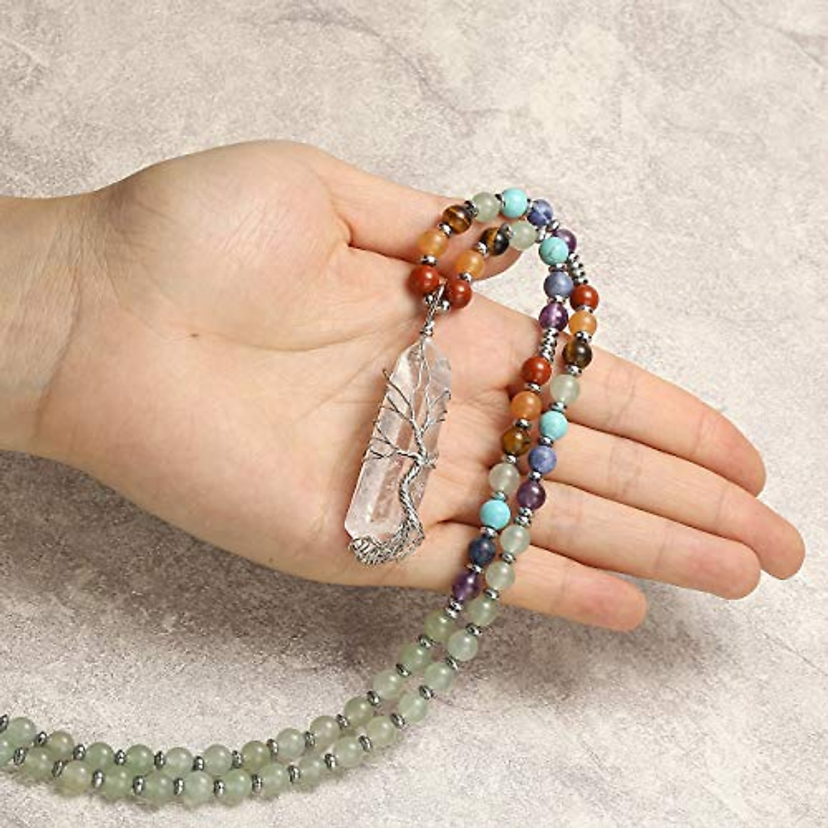Jovivi Natural Green Aventurine 7 Chakras Healing Crystals Necklace Wire Wrapped Clear Quartz Pendant Healing Pointed Reiki Energy Balancing