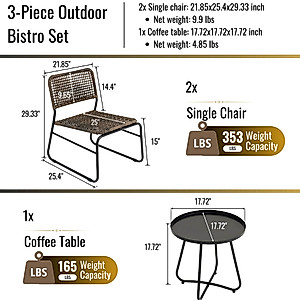 3 Pieces Patio Conversation Bistro Set, Outdoor FurnitureBistro Set, Outdoor Rattan Furniture with Round Table and 2 Armchairs for Lawn, Garden, Balcony, Poolside, Steel Frame, Black