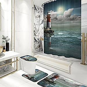 Nautical Shower Curtain Bathroom Rugs Sets 4 Piece , Ocean Lighthouse Shower Curtain Waterproof Fabric with Non Slip Bathroom Rugs Contour Floor Mat Toilet Lid Cover Shower Accessories for Bathroom