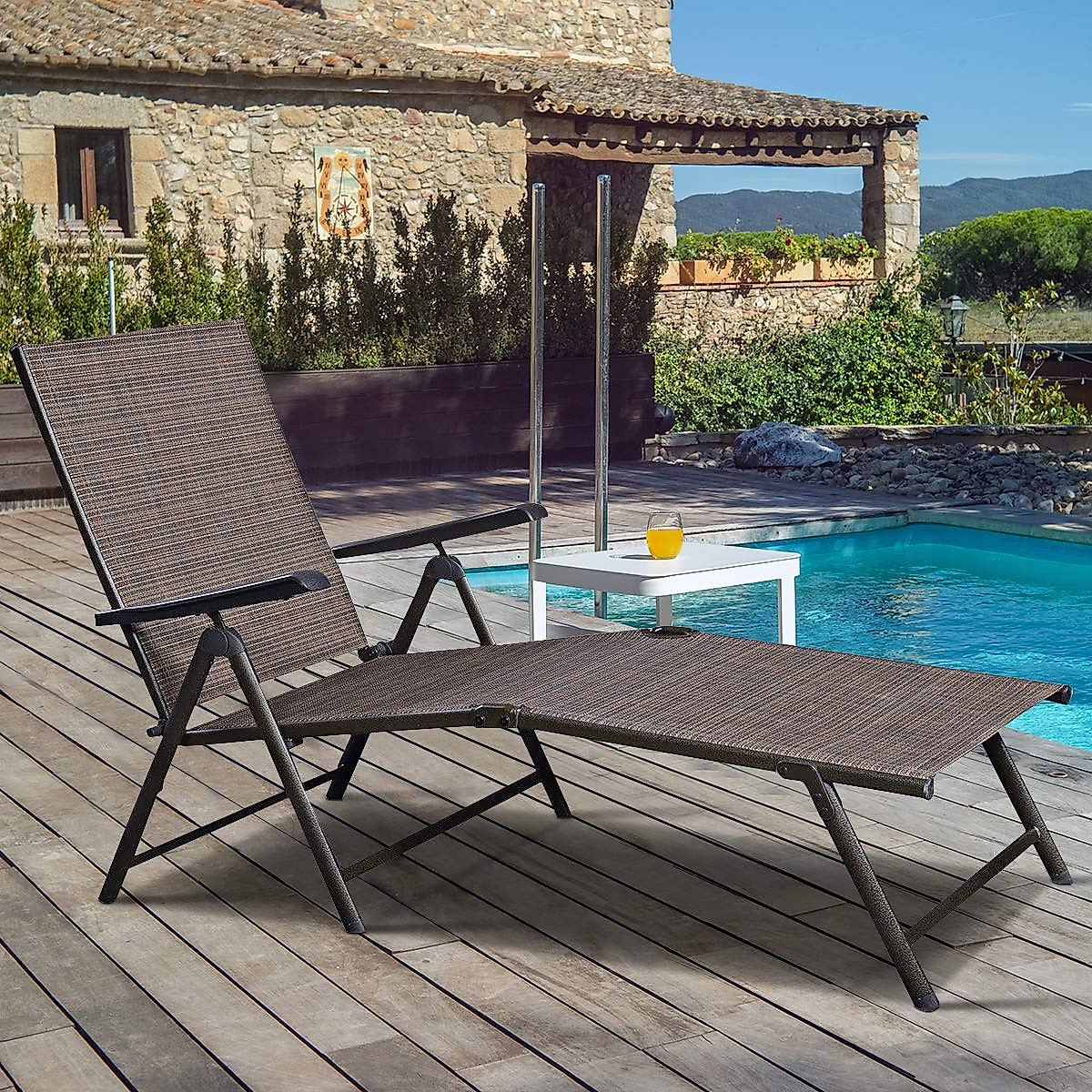 Giantex Set of 2 Chaise Lounge Chair with 5 Adjustable Reclining Positions, Patio Folding Recliner for Yard, Pool, Garden Beach Sunbathing Seat (2, Brown)