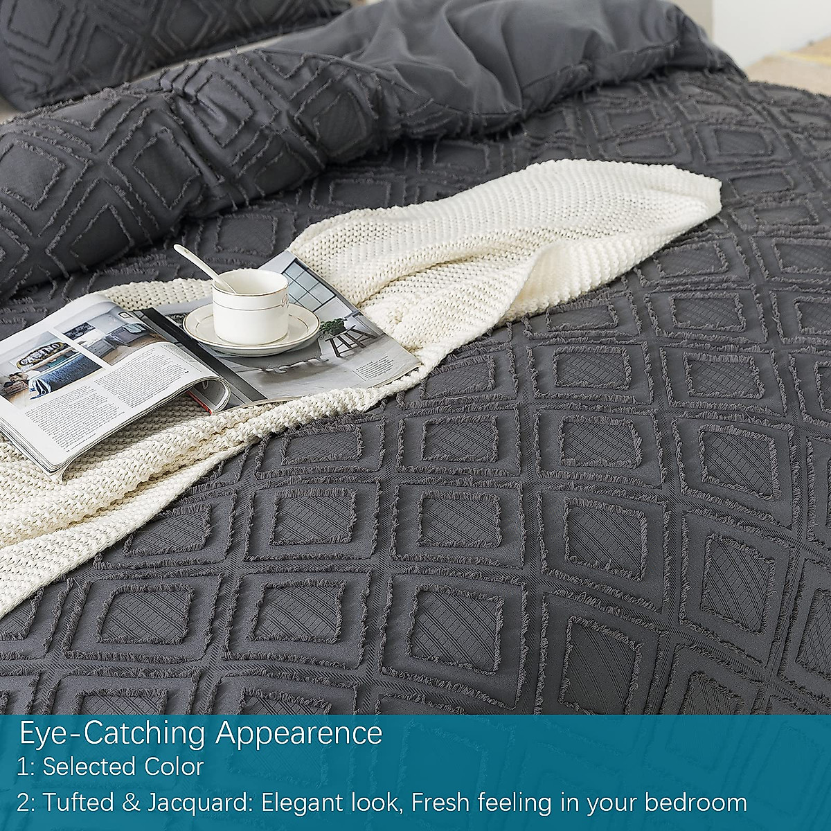 Lamourbear Jacquard & Tufted Geometric Grey Duvet Cover Queen Size Bedding Set, Soft, All Seasons, with Double-end Sliders Zipper Closure, 8 Ties, 3 Pieces (2 Pillowcase, 1 Duvet Cover), Q Dark Grey