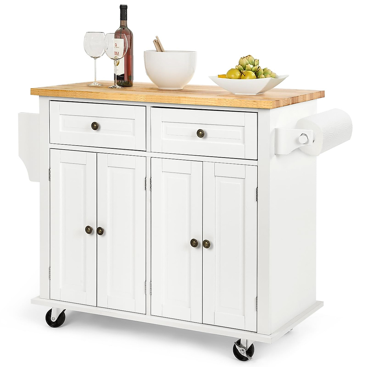 TUSY 43" Kitchen Island with Storage, Rolling Kitchen Cart with Lockable Wheels, Solid Wood Tabletop Kitchen Island Table for Kitchen, Living Room, White