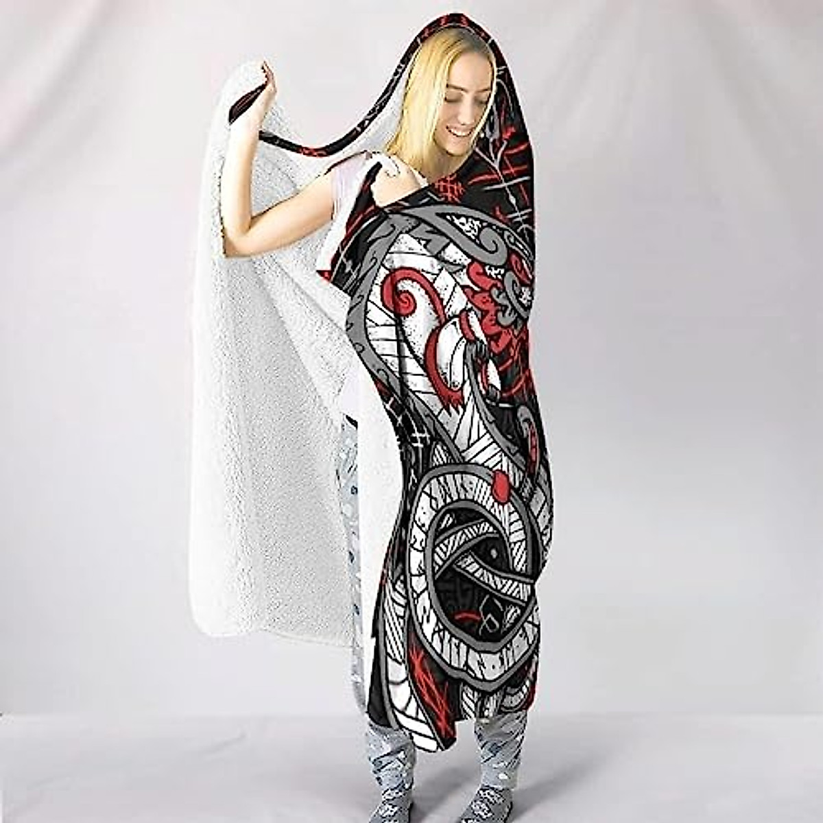Viking 3D Printing Hooded Blanket Keeps Warm And Soft Vegvisir Viking Dragon Unisex Winter Wearable Hooded Blanket Double Layer Thick Plush Wool Blanket ( Color : Blanket , Size : 80x60in/150x200cm )