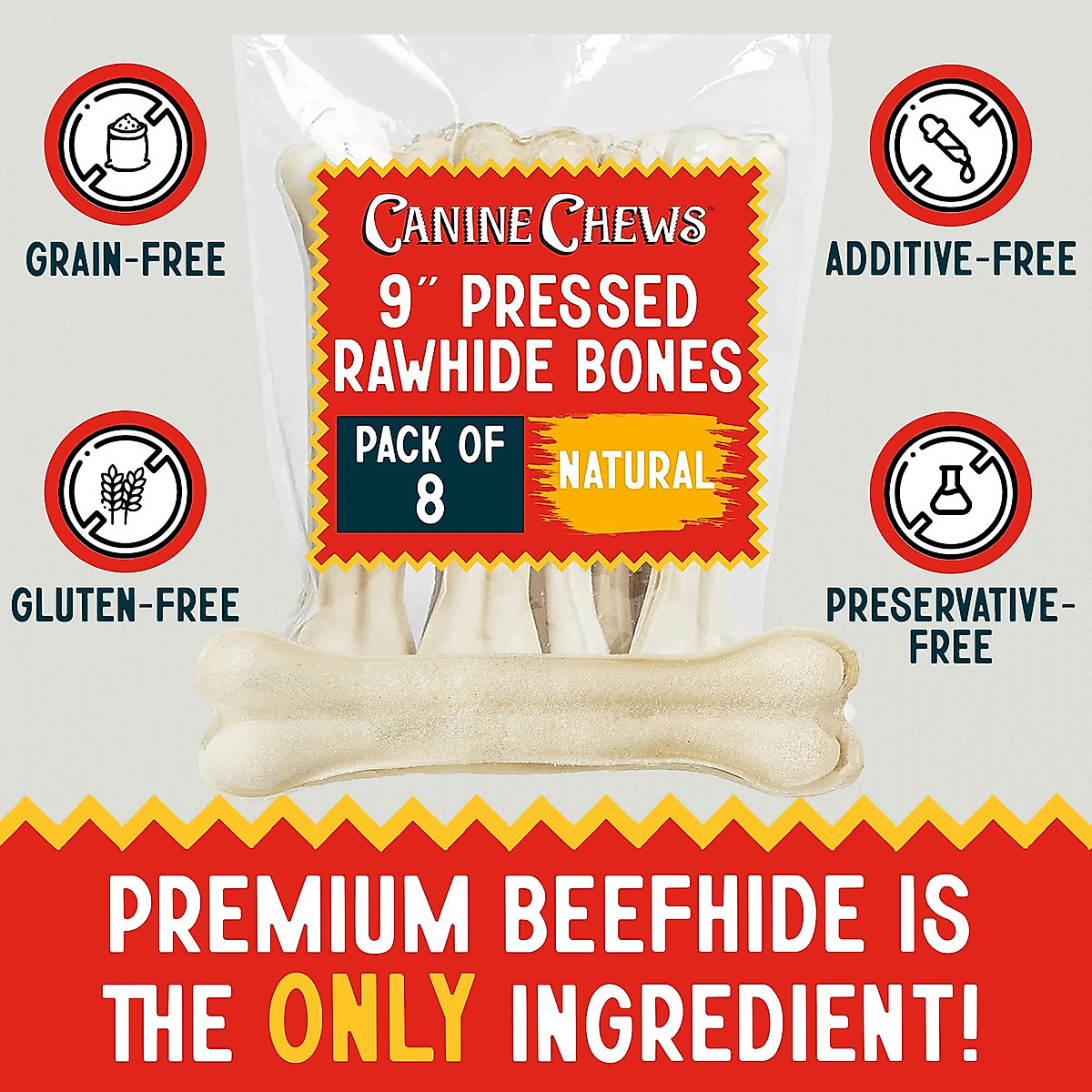 Canine Chews Pressed Rawhide Bones for Large Dogs - 9" Long Lasting Dog Chews - Compressed Beefhide Large Dog Chew Bones - Chew Toy Dog Bones - Raw Hide Bones Dog for Aggressive Chewers (9 inch, 8pk)