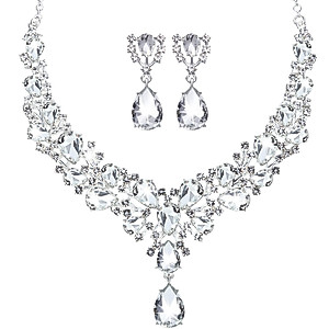 Hicarer Bridal Teardrop Cluster Crystal Jewelry Set for Women Necklace Earrings Wedding (Silver)