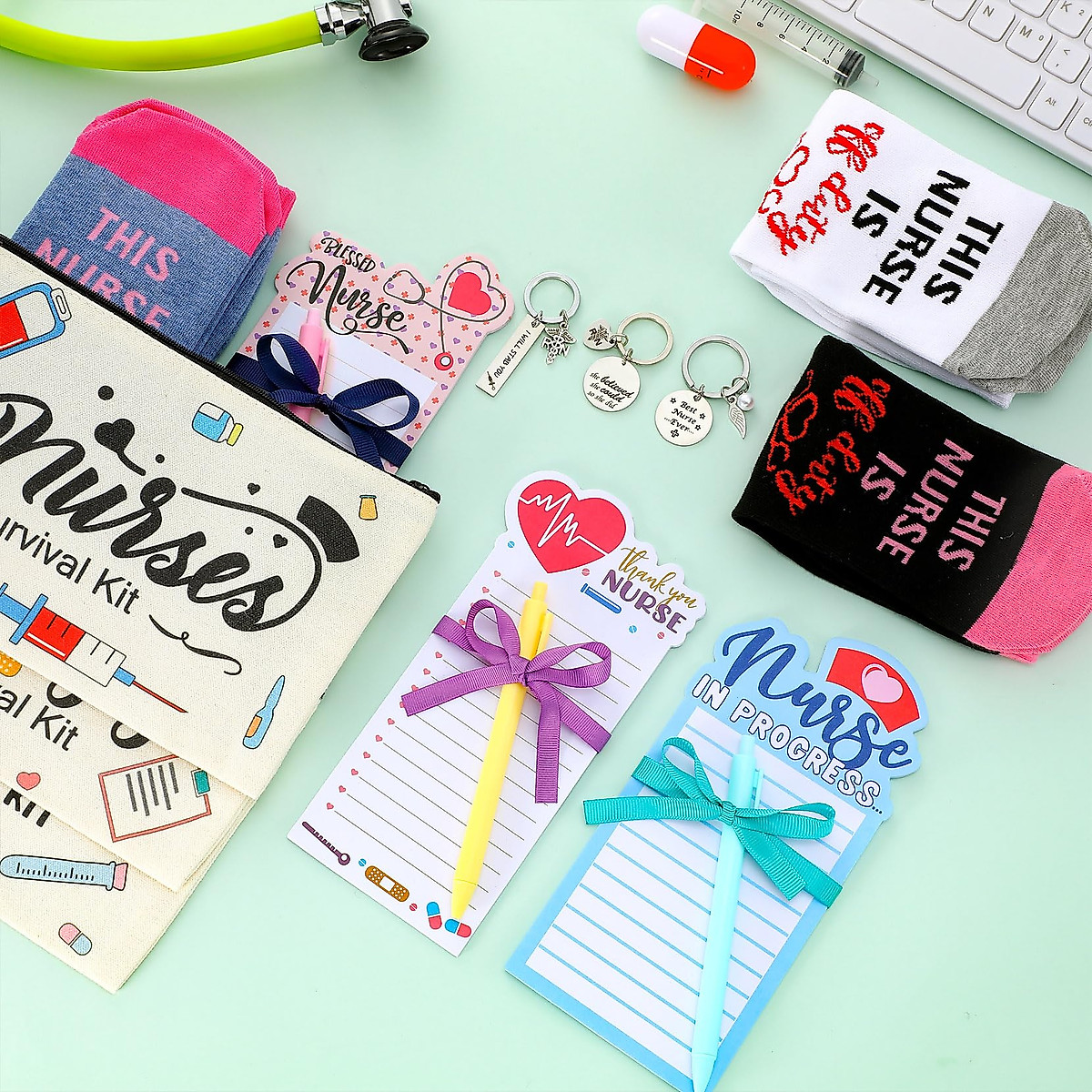 Jiuguva 36 Pcs Nursing Appreciation Gifts Nurses Week Gifts in Bulk Nurse Survival Kit Christmas Gifts for Nurses Notepad for Nurses Socks Nursing Makeup Bags Nursing Keychains for Holiday