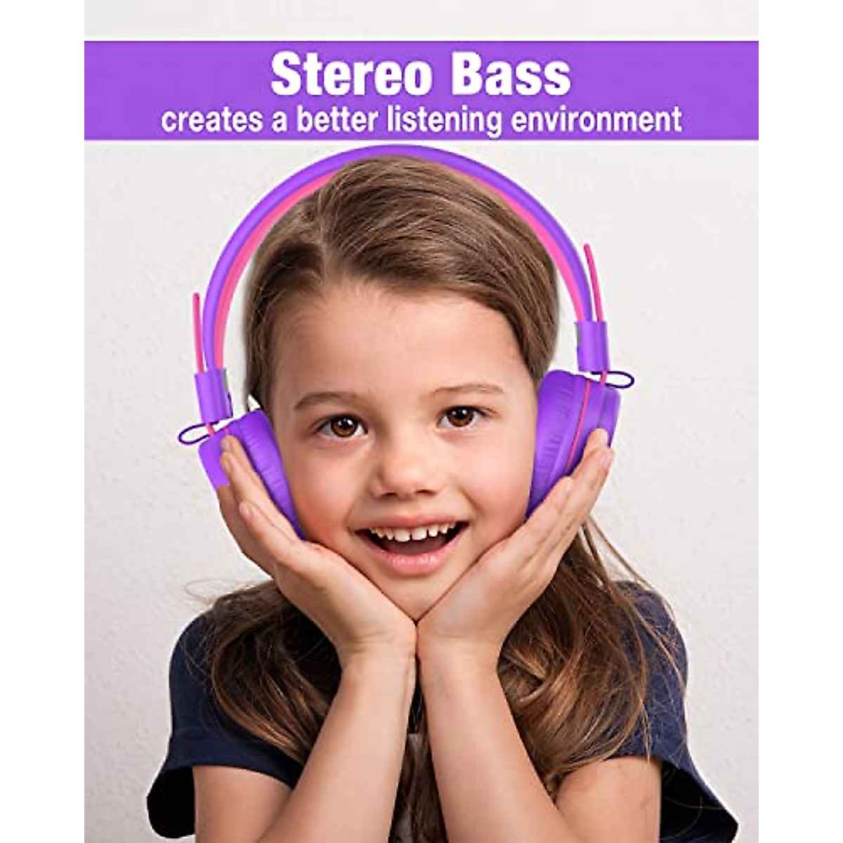 Kids Headphones, Eposy E10 Wired Headphones for Kids Foldable Stereo Bass Headphones with Adjustable Headband, Tangle-Free 3.5 mm Jack for School, On-Ear Headset for Boys Girls Cellphones(Pink/Purple)