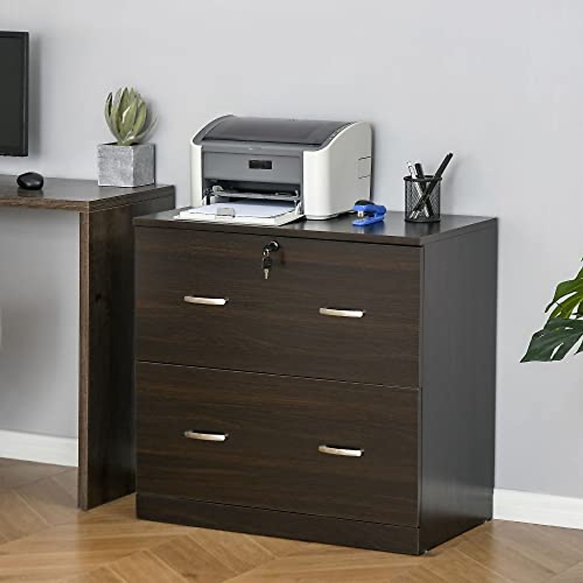 Vinsetto 2-Drawer File Cabinet with Lock and Keys, Vertical Storage Filing Cabinet with Hanging Bar for Letter Size, Home Office, Walnut