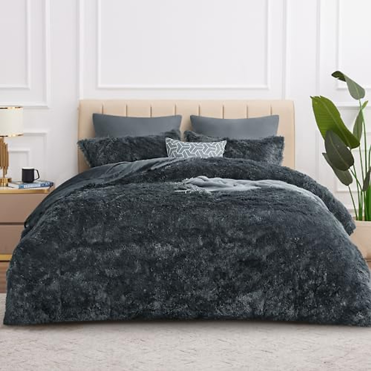 Aisbo Faux Fur Duvet Cover King - Fuzzy Plush Shaggy Duvet Cover King Size with Button Closure, Soft Fluffy Comforter Cover Set 104x90 Inches with 2 Pillow Shams for Winter, Grey