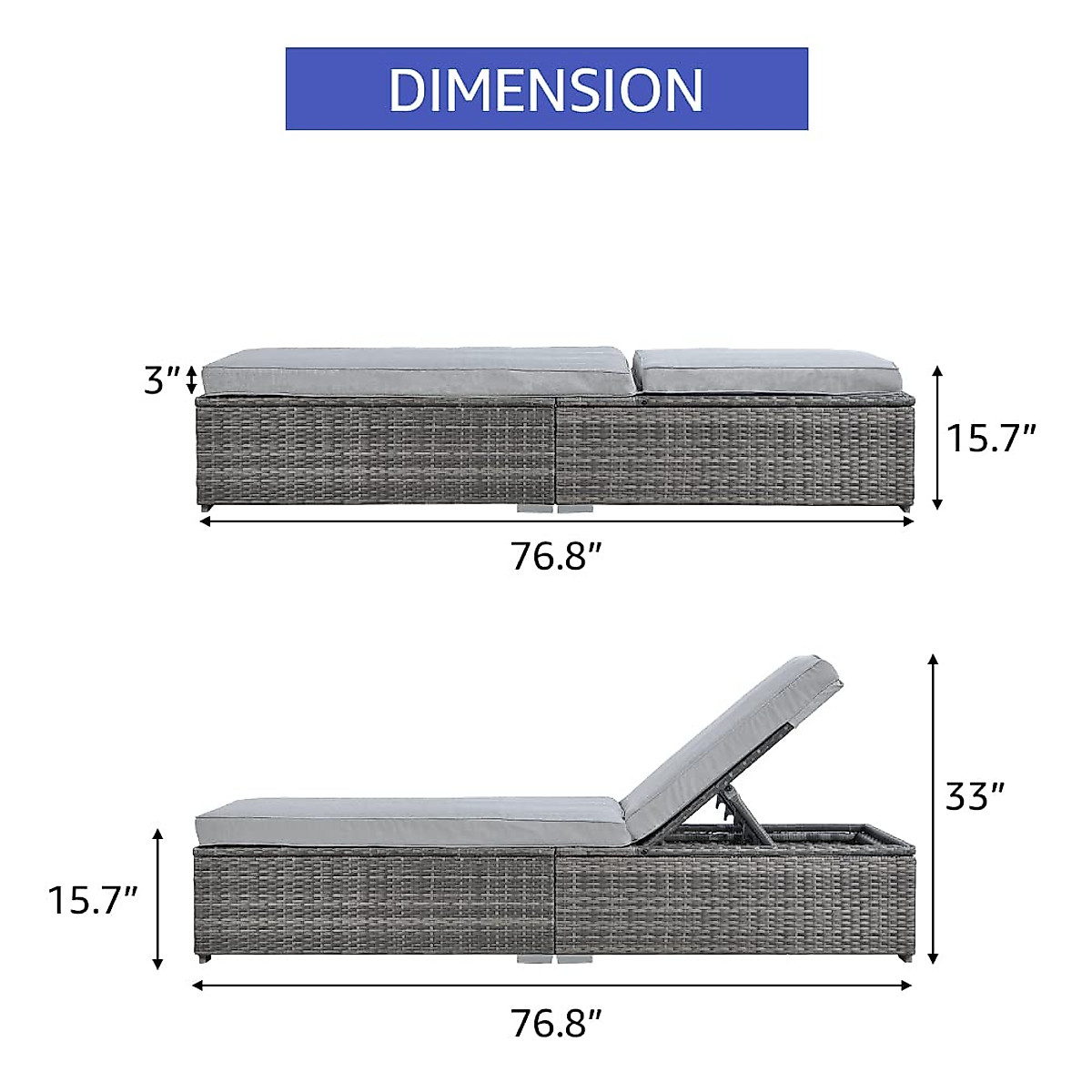 Patiorama Outdoor Patio Chaise Lounge Chair, Elegant Reclining Adjustable Pool Rattan Chaise Lounge Chair with Light Grey Cushion, Grey PE Wicker, Steel Frame, Set of 2