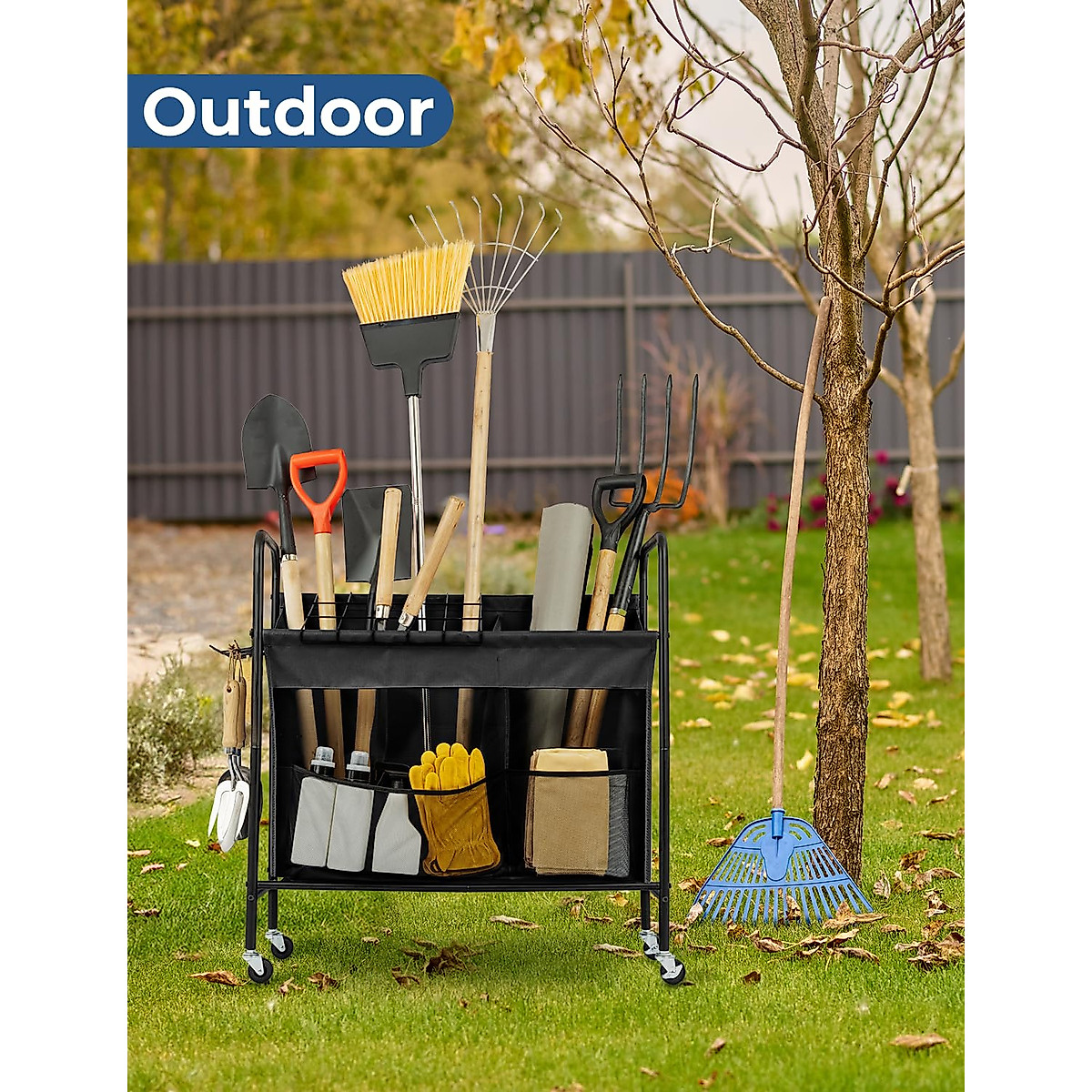 StorageWorks 110L Garden Tool Organizer, Multipurpose Garden Organizer for Yard Tool, Rolling Sports Equipment Organizer, Mop and Broom Rack, Garage Storage with Wheels, Black, 1 pack