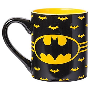 Silver Buffalo DC Comics Batman Logo with Bat Pattern Ceramic Coffee Mug, 14 Ounces, Black/Yellow, (BN8632)