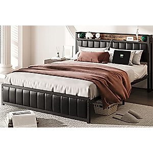 ANCTOR Full Bed Frame with Storage Headboard & Footboard, Upholstered Platform Bed with USB Ports & Outlets, Strong Steel Slats Support Mattress Foundation, No Box Spring Needed