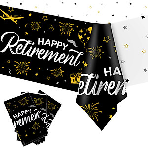 Retirement Decorations, 3pcs Black and Gold Happy Retirement Tablecloth, Plastic Disposable Rectangle Table Cover for Retirement Party Favor Decorations- 54" x 108"