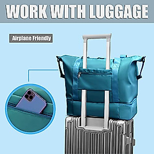 MOCARE Travel Duffel Bag, Sports Gym Tote Carry on Bags for Women, Foldable Lightweight Overnight Shoulder Weekender Shopping Hospital Handbag with Shoes Compartment (Turquoise)