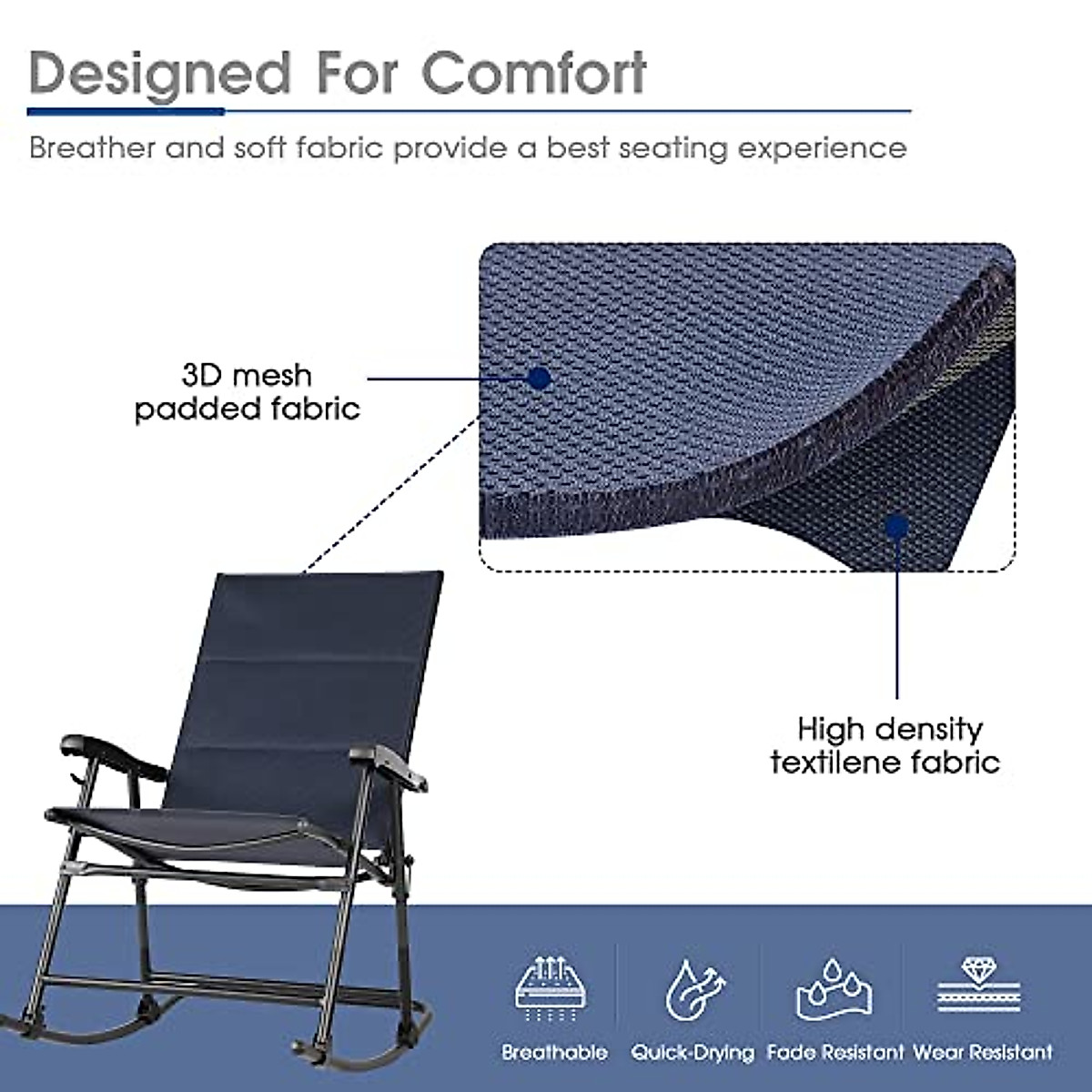 NATURAL EXPRESSIONS Folding Patio Rocking Chairs,Outdoor Oversized Textilene & 3D Mesh Fabric Rocker with High Back Hard Armrest,Portable Rocking Chair for Garden, Backyard, Porch, 300lb
