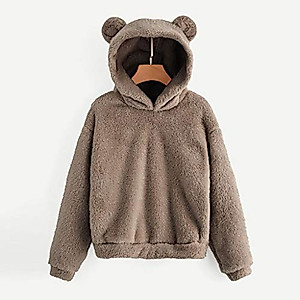 Womens Casual Hooded Sweatshirt Loose Drawstring Pullover Hoodies Long Sleeve Solid Bear Ear Sweatshirt Tops