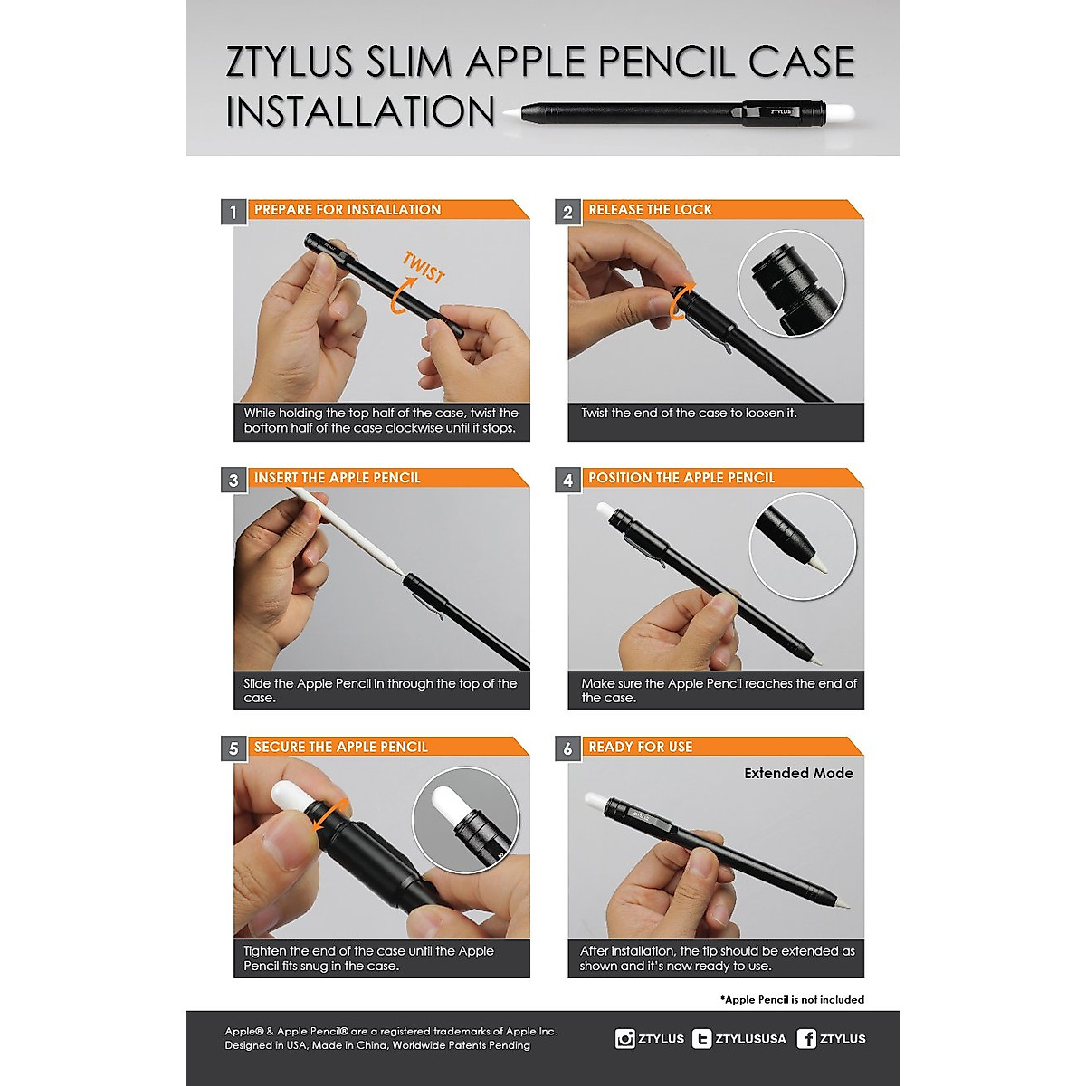 Ztylus Slim Metal Apple Pencil Protective Case: Retractable Tip Protection, Aircraft Grade Aluminum, Built-in Clip, Secures Cap Holder for iPad Pro 12.9", 10.5", 9.7" Apple Pencil (Black)