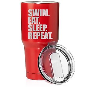 Smooth Body Tumbler Stainless Steel Vacuum Insulated Travel Mug Cup Gift Swim Eat Sleep Repeat (Red, 30 oz)