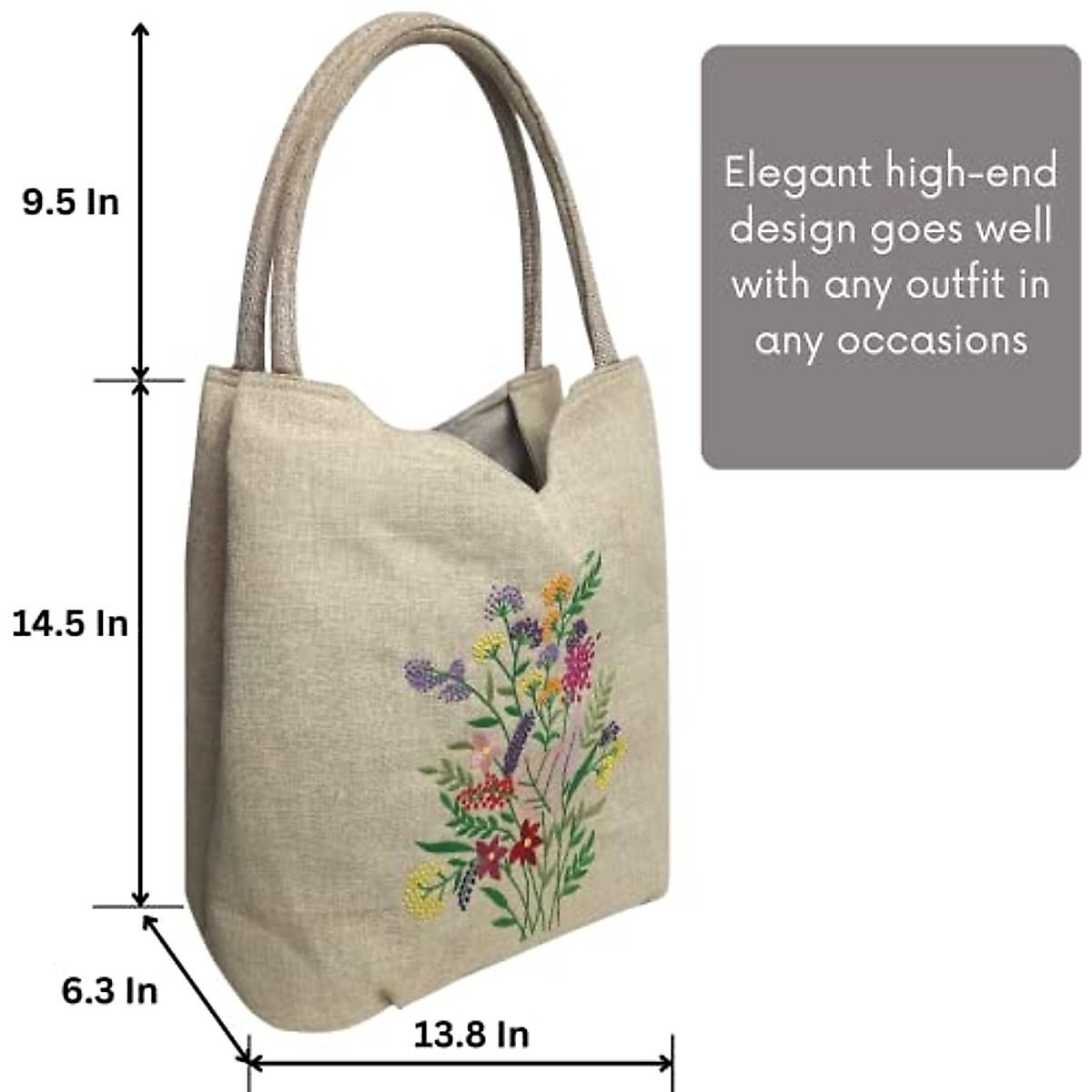 HCRAFT Embroidered Handbags for Women, Large Colorful Flower Shoulder Tote Bag with Zipper,13.8x6.3x14.5, Fabric Tote Bag, Hobo Bags For Women, Mother's Day Bag, Tote Bag Aesthetic with Inner Pocket