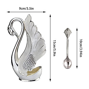 Swan Base Holder with 6pcs Coffee Dessert Dinner Spoon Set, Metal Coffee Spoon Organizer Teaspoon Fruit Dessert Flatware Sugar Ice Cream Spoons (Silver)