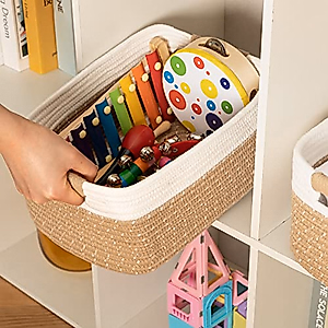 OIAHOMY 12.8x9x5.5in Woven Baskets for Storage, Storage Baskets for Shelves, Cotton Rope basket set of 3, Decorative Storage Baskets, Rectangle Basket With Handles, Brown and White