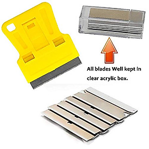 WEKOIL Mini Plastic Razor Blade Scraper High Visibility Bright Yellow Window Scraper Paint Scraper with 5 Spare Metal Razor Scraper Blades Stove Top Scraper Scraping Sticker Decal Residue Label