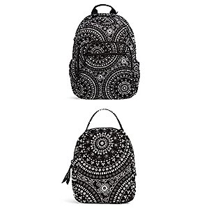 Bradley Vera Womens Cotton Campus Backpack Bookbag, Black Bandana Medallion Vera Womens Cotton Bunch Lunch Bag, Black Bandana Medallion