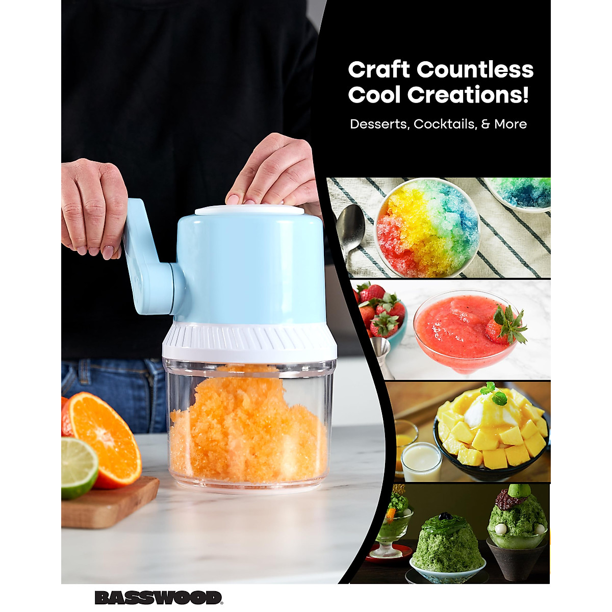 Manual Ice Shaver - Snow Cone Machine with Ice Cube Tray, Stainless Steel Blades, & Large Container - Portable Crushed Ice Machine for Home - Shaved Ice Maker Kit for Kids Snowcones, Slushies & More