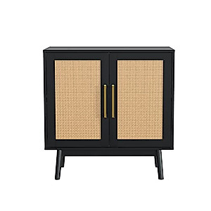 CARPETNAL Sideboard Buffet Cabinet, Modern Rattan Storage Cabinet with Double Doors and Adjustable Shelves, Accent Cabinet for Living Room, Bedroom, Hallway (Black)