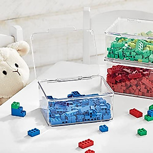 mDesign Plastic Playroom and Gaming Storage Organizer Box Containers with Hinged Lid for Shelves or Cubbies, Holds Small Toys, Building Blocks, Puzzles, Markers, Controllers, or Crayons, 4 Pack, Clear