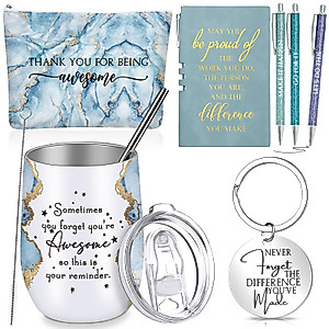 Domensi 7 Pcs Christmas Thank You Gift for Women 12 oz Stainless Steel Tumbler Makeup Bag Keychain Journal Ballpoint Pen for Thanksgiving Team Staff Coworker Volunteers(Blue)