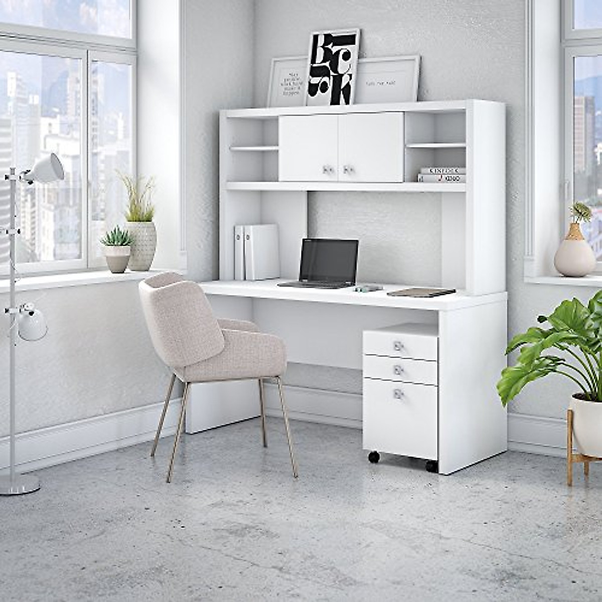 Bush Business Furniture Echo Credenza Desk with Hutch and Mobile File Cabinet, Pure White