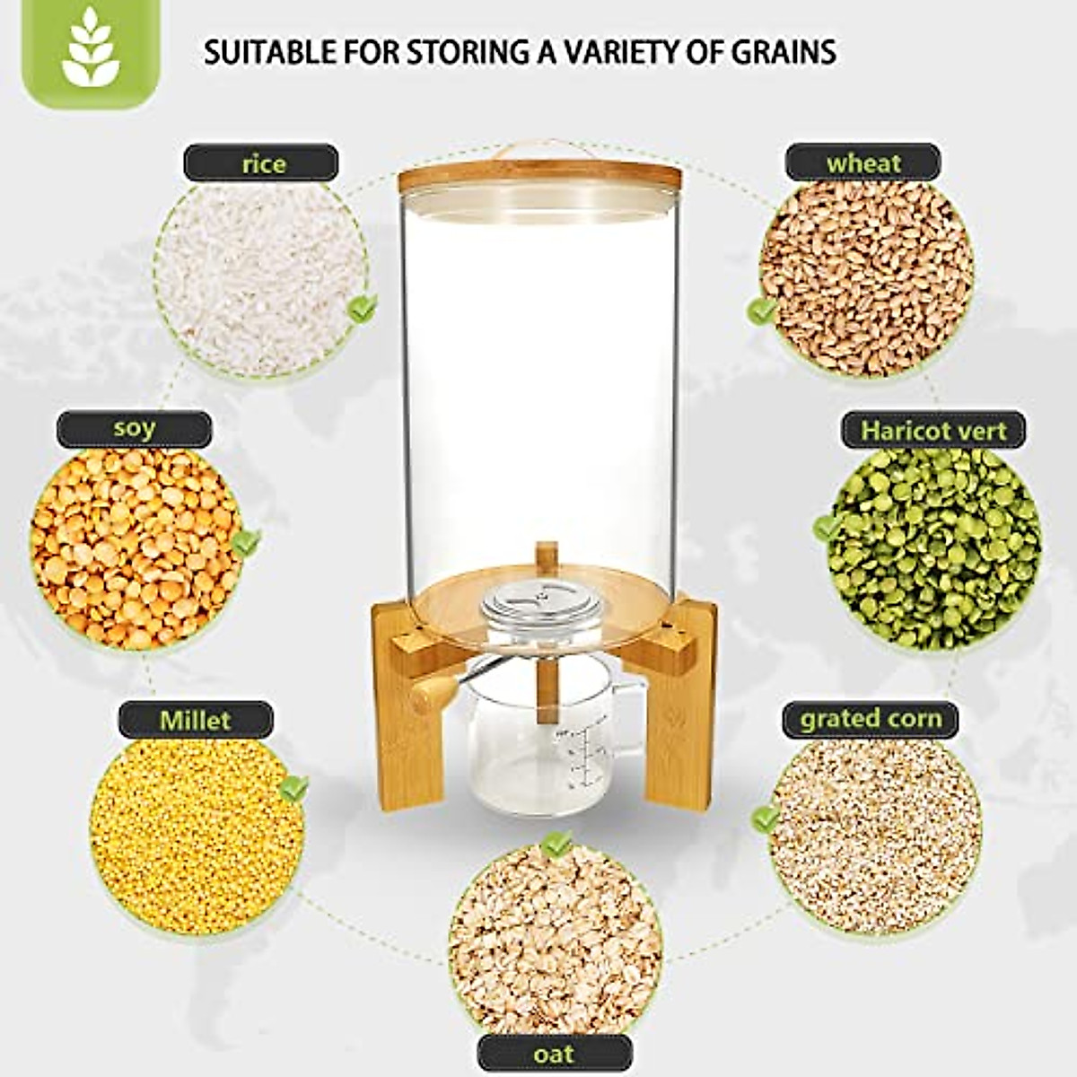 Csyidio 8.8L Rice Dispenser with Stand and Measuring Cup, Glass Rice Dispenser Cereal Dry Food Storge Container for Kitchen Pantry Organization