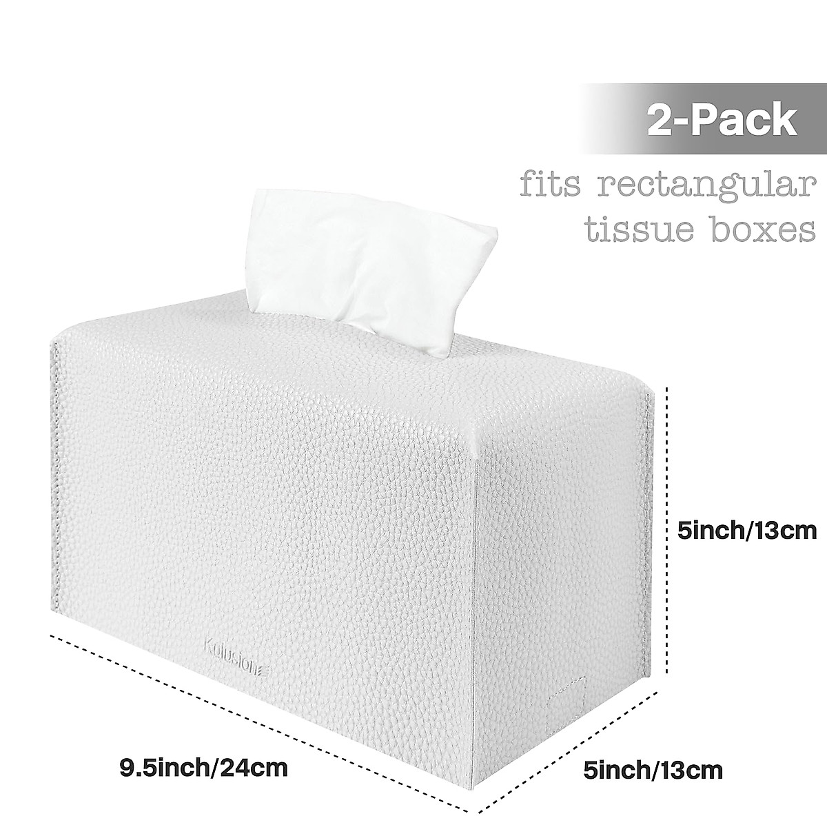 2Pcs Tissue Box Cover Holder, Rectangular with Bottom Belt - PU Leather Tissue Cover Decorative Organizer for Tabletop, Bathroom, Car, Office,9.5X5X5 Inch - White