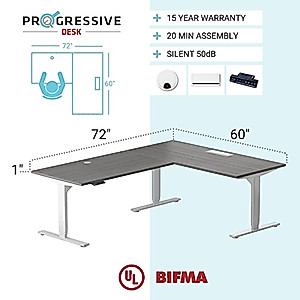 Progressive Desk Corner Standing Home Office Desk, White Frame, Grey Oak