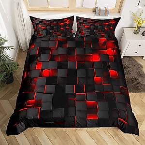 Feelyou Red and Black Bedding Duvet Cover Set Twin Size Light Geometric Bedding Set for Kids Boys Girls Geometry Decor Comforter Cover Set Modern Bedspread Cover