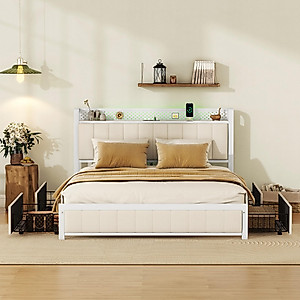 SAMTRA Queen Size Bed Frame with Storage Headboard & 4 Drawers, Upholstered Boho Metal Platform Bedframe with LED Lights & Charging Station, Easy Assembly, Beige White