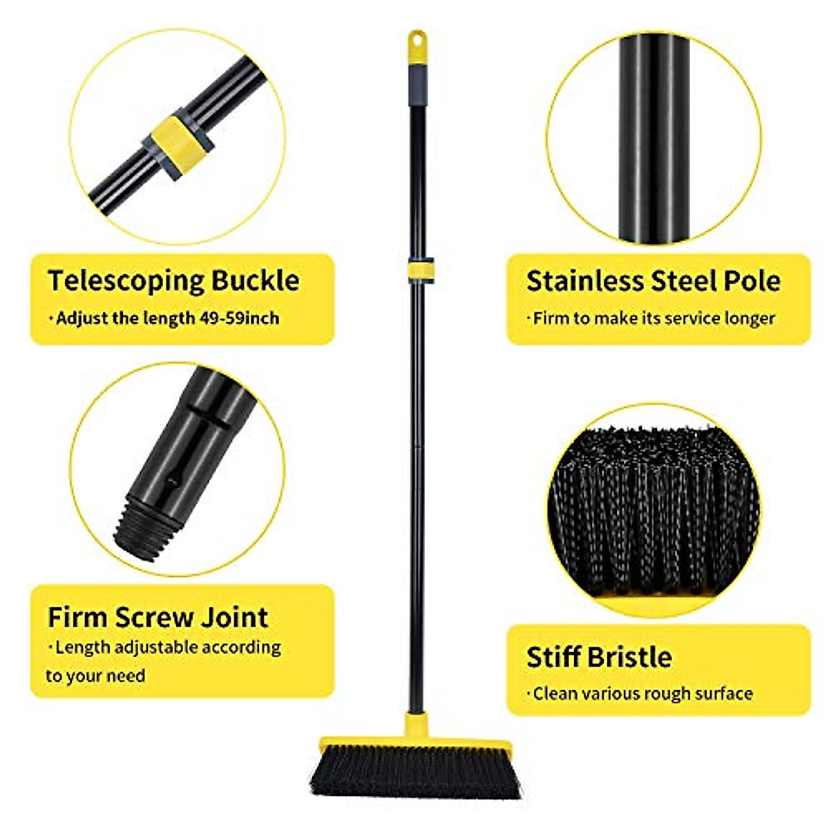 Push Broom Outdoor Indoor Broom 12" Wide,59" Long Handle with Stiff Bristles for Cleaning Scrubbing Deck Driveway Yard Patio Wood Stone Tile Floor
