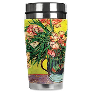 Mugzie Van Gogh Oleanders Travel Mug with Insulated Wetsuit Cover, 16 oz, Black