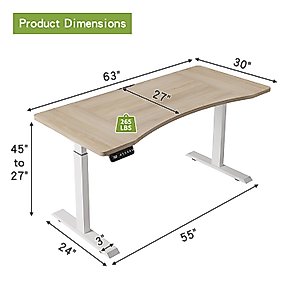 Radlove Dual Motors Height Adjustable 63 x 30'' Electric Standing Desk with Curved Design Stand Up Table 4 Memory Keys, Computer Desk with Splice Board Home Office Desk, Oak Top + White Frame