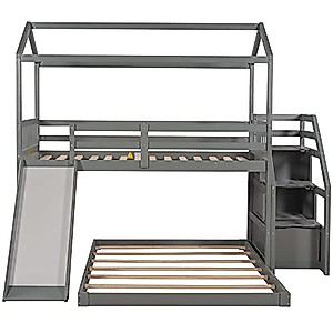 KoiHome Twin Over Full House Bunk Bed with Convertible Slide & Storage Staircase, Wood Bed Frame with Slat Support & Full Length Guardrail for Kids,Teens Bedroom, No Box Spring Needed, Gray