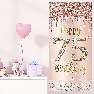 75th Birthday Decorations Door Banner for Women, Pink Rose Gold Happy 75 Birthday Backdrop Party Supplies, 75 Year Old Birthday Poster Door Cover Sign Decor