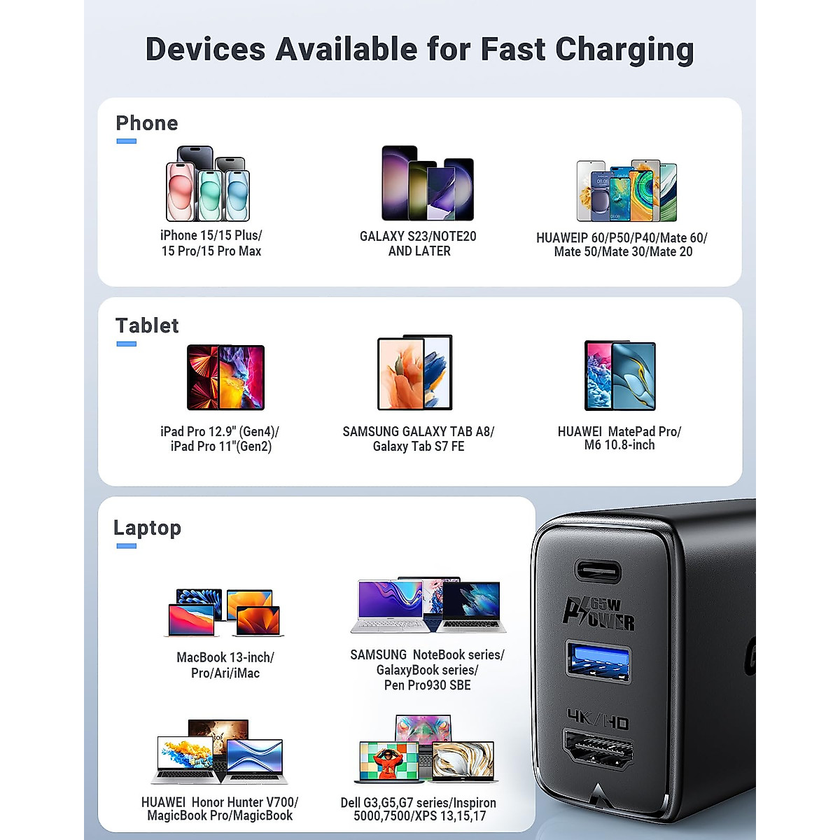 ACEFAST GaN PD65W 3 Port(USB C+USB A+4K/HD) Fast Charger Hub for Nintendo Switch, USB C 3.1 Laptops, Tablets, Foldable AC Plug Power Adapter Compatible with MacBook, Switch, HP, Acer, Samsung, ASUS